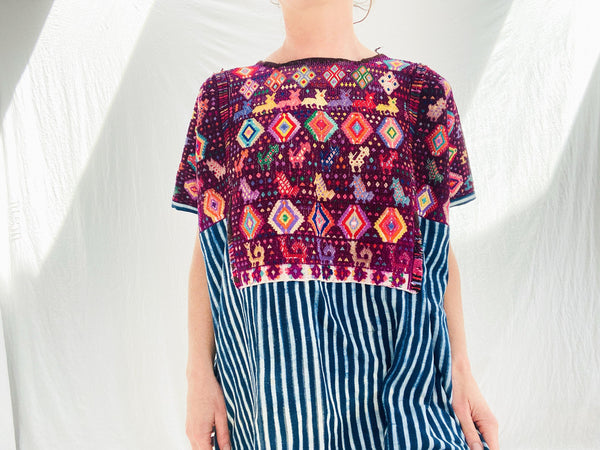 Vintage Guatemala Huipil Dress. Silk Embroidery. Coban