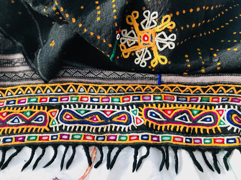 Vintage Rabari Wool Shawl And Throw. Embroidered, Mirrorwork | Aadya Bazaar