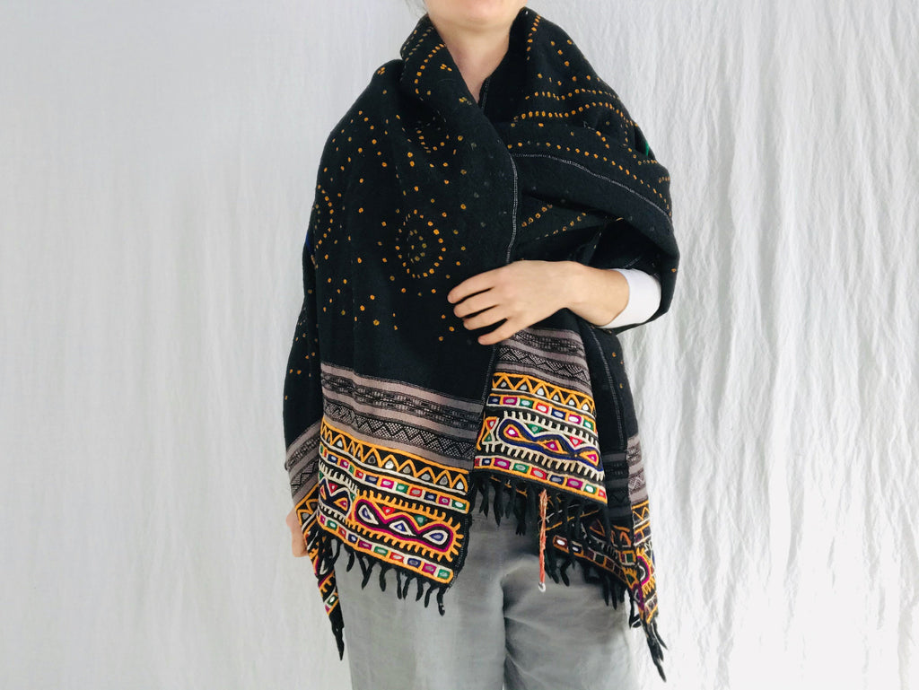 Vintage Rabari Wool Shawl And Throw. Embroidered, Mirrorwork | Aadya Bazaar
