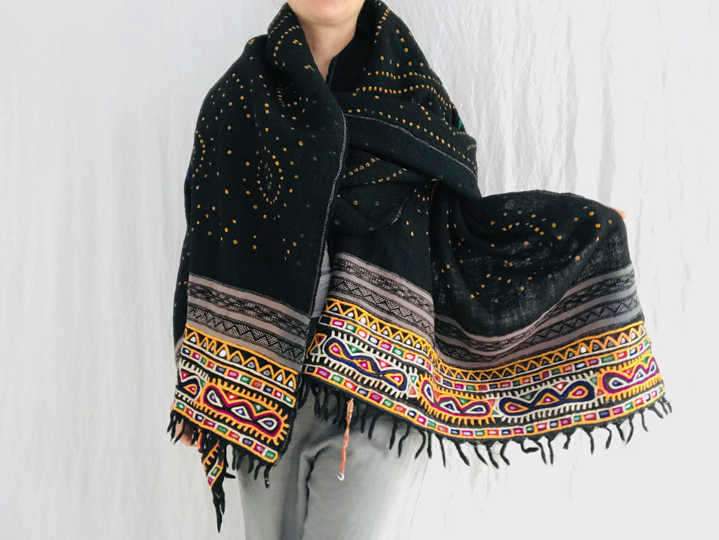 Vintage Rabari Wool Shawl And Throw. Embroidered, Mirrorwork | Aadya Bazaar